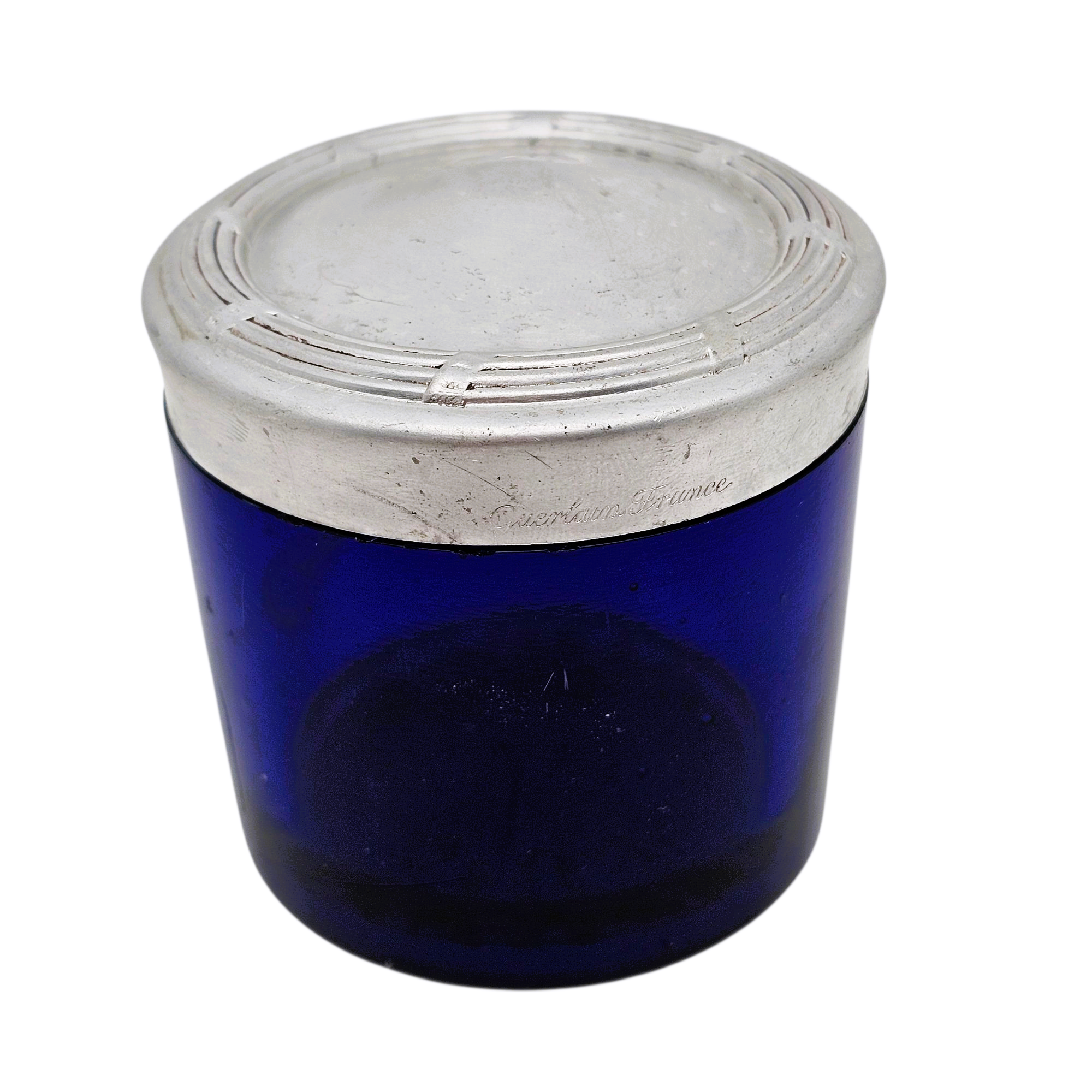 Guerlain, Pot à crème en verre bleu cobalt et couvercle en aluminium g ...